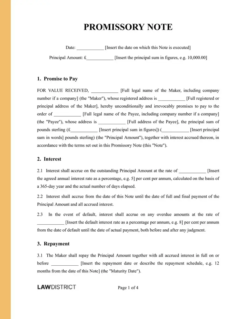 Free Promissory Note for the UK | PDF & Word | Lawdistrict