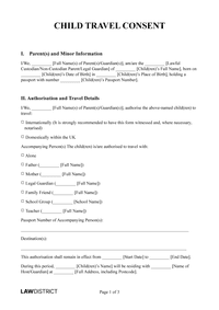 Child Travel Consent Form for UK | Free PDF & Word | Lawdistrict