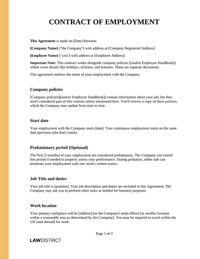 Employment Contract Template (UK) | PDF & Word | Lawdistrict